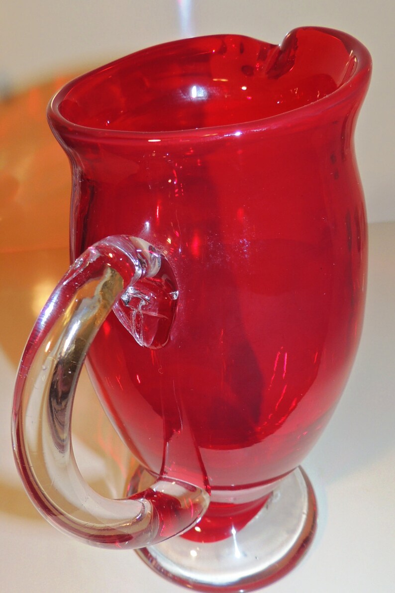 Ruby Red Blown Glass Pitcher with applied Clear Handle Pitcher | Etsy