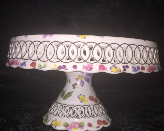 Victorian Style Porcelain Cake Stand With Pink Purple Yellow Floral ...
