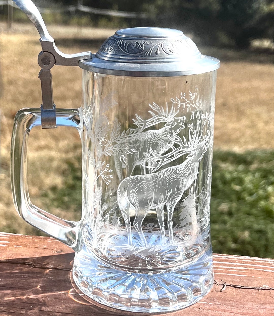 Vtg German Beer Stein, Elk Tankard W Hinged Pewter Lid Marked Domex ...