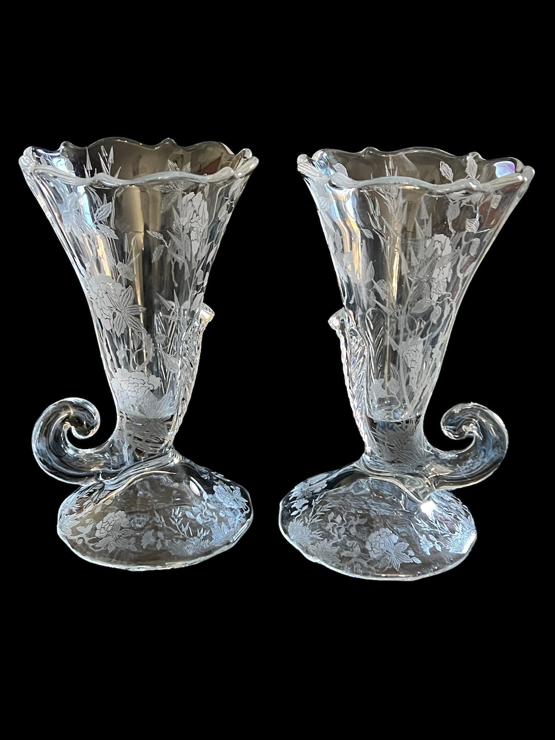Elegant Pair of Etched Cornucopia Vases First Love Design - Etsy