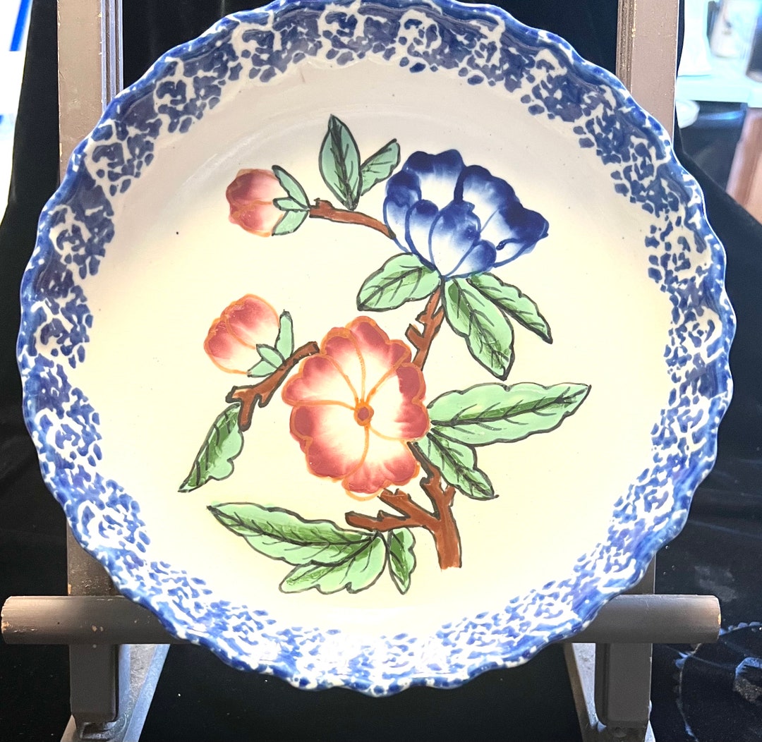 Blue Spongeware Deep Dish Vintage Bakeware Pottery Splatterware Pie ...