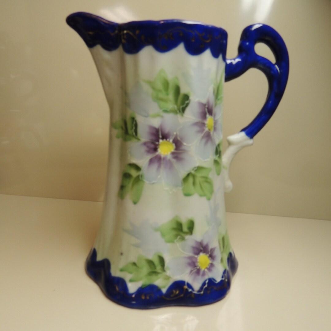 Nippon Cobalt Flow Blue Antique Hand Painted Pitcher Marked in Green ...