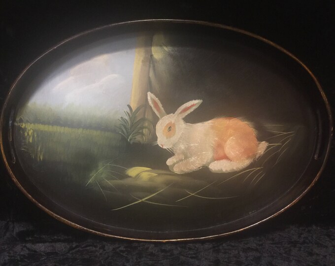 Antique Wooden Handpainted Tray With Bunny Rabbit Hiding in an Outdoor ...