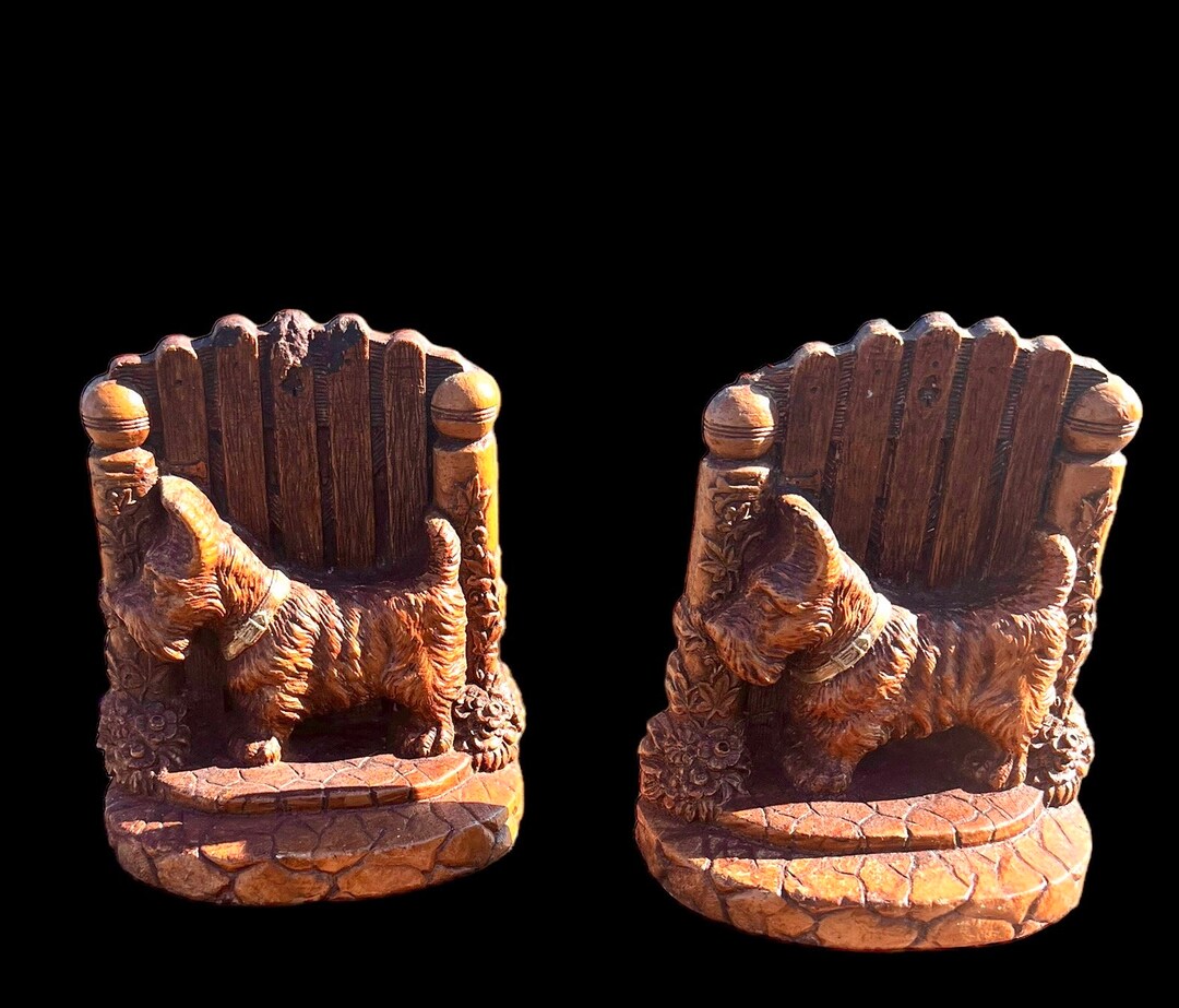 Vintage Scottie Dog Resin Bookends Standing in Front of Wooden Gate or ...
