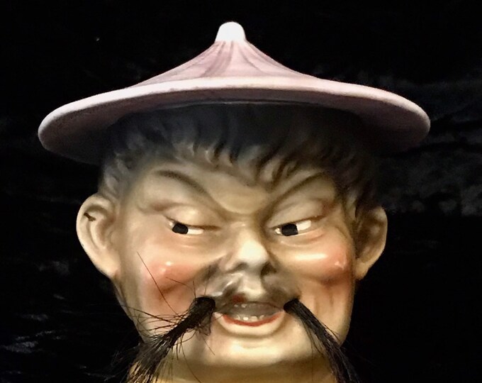 Vintage Chinese Man Head Vase or Storage Container With Rice Hat Lid ...