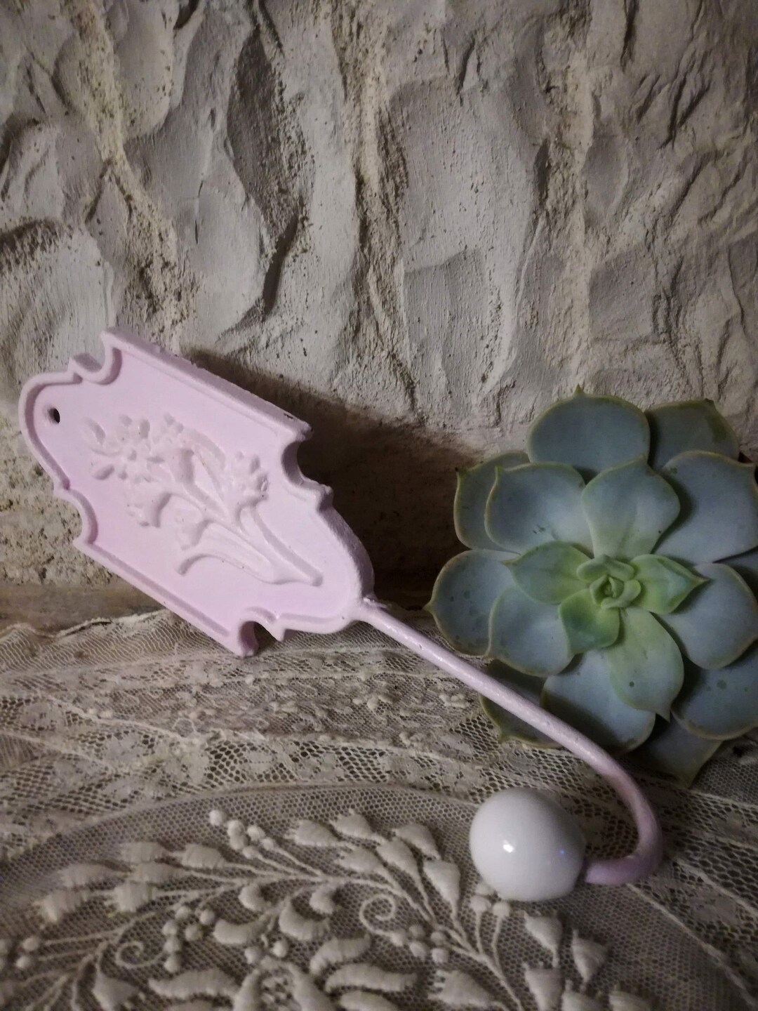 Coat Hook With Flower Decor in Metal With a Pink Patina, Shabby Chic ...
