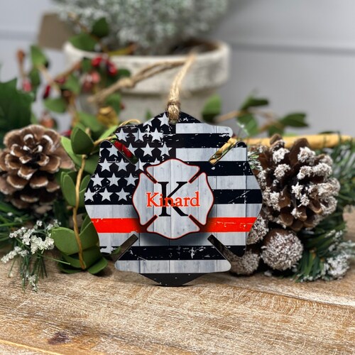 Fire Dept Red Line Christmas Tree Ornament Gift Tag ITH | Etsy