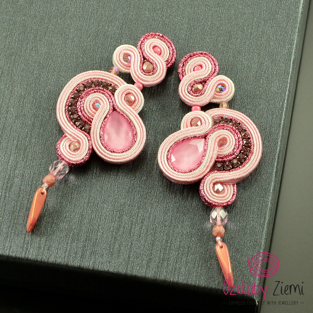 Long Pink Soutache Earrings, Dangle Pink Earrings, Pink Bridal Earrings ...