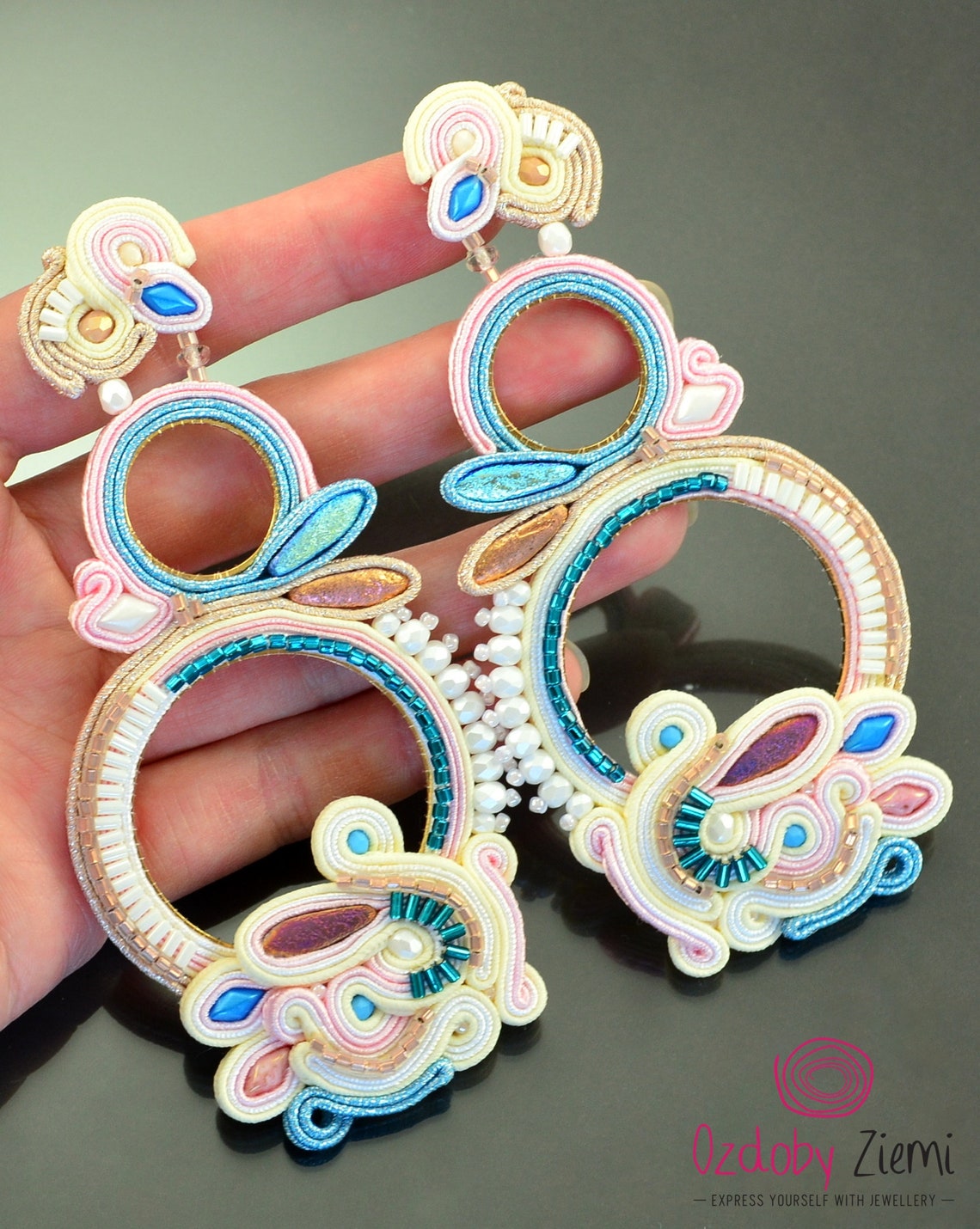 Long Big Statement Earrings, Creamy Blue and Pink Earrings, Large ...