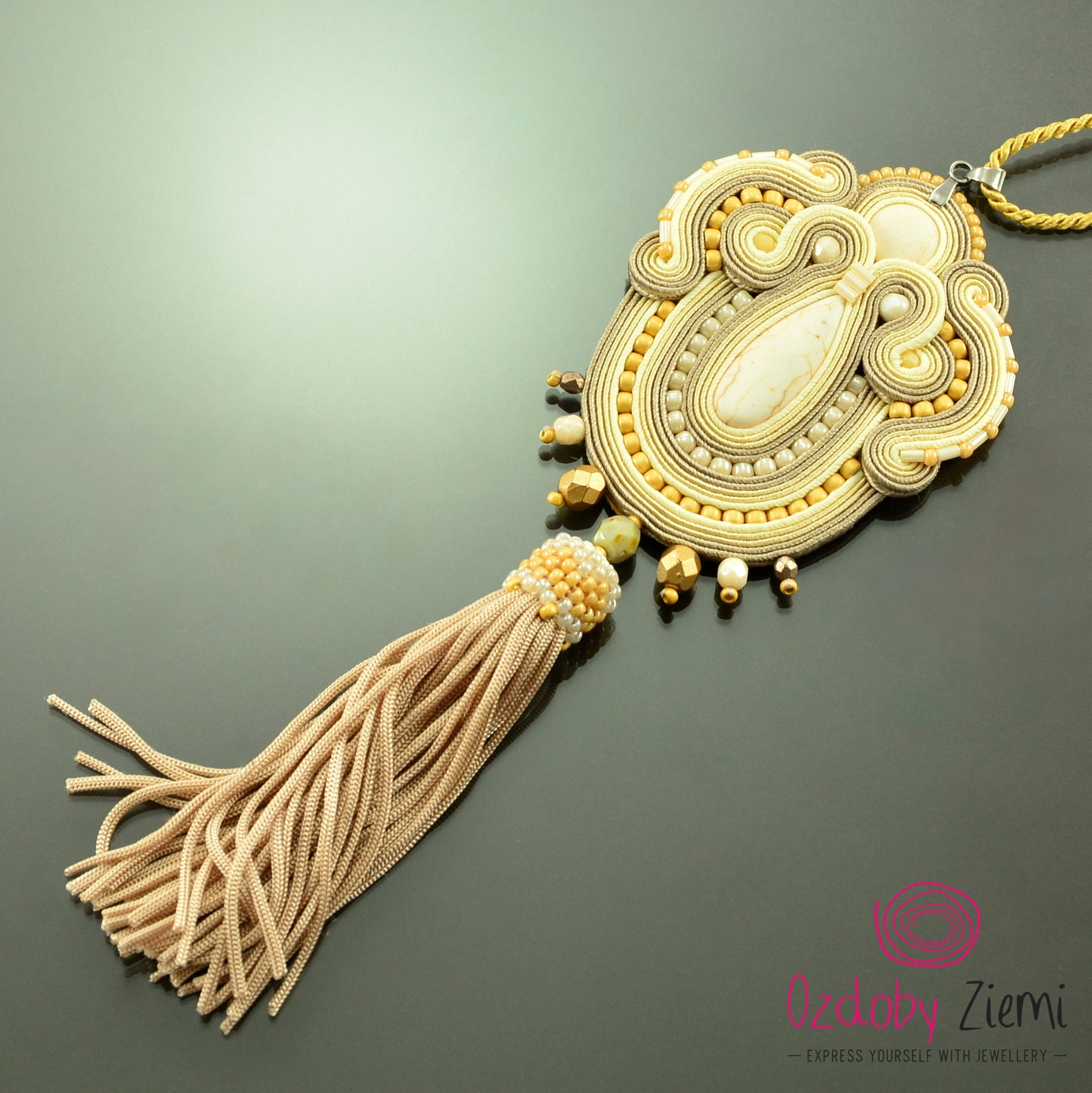 Beige Gold Tassel Necklace, Long Beige Fringe Necklace, Beige Soutache ...