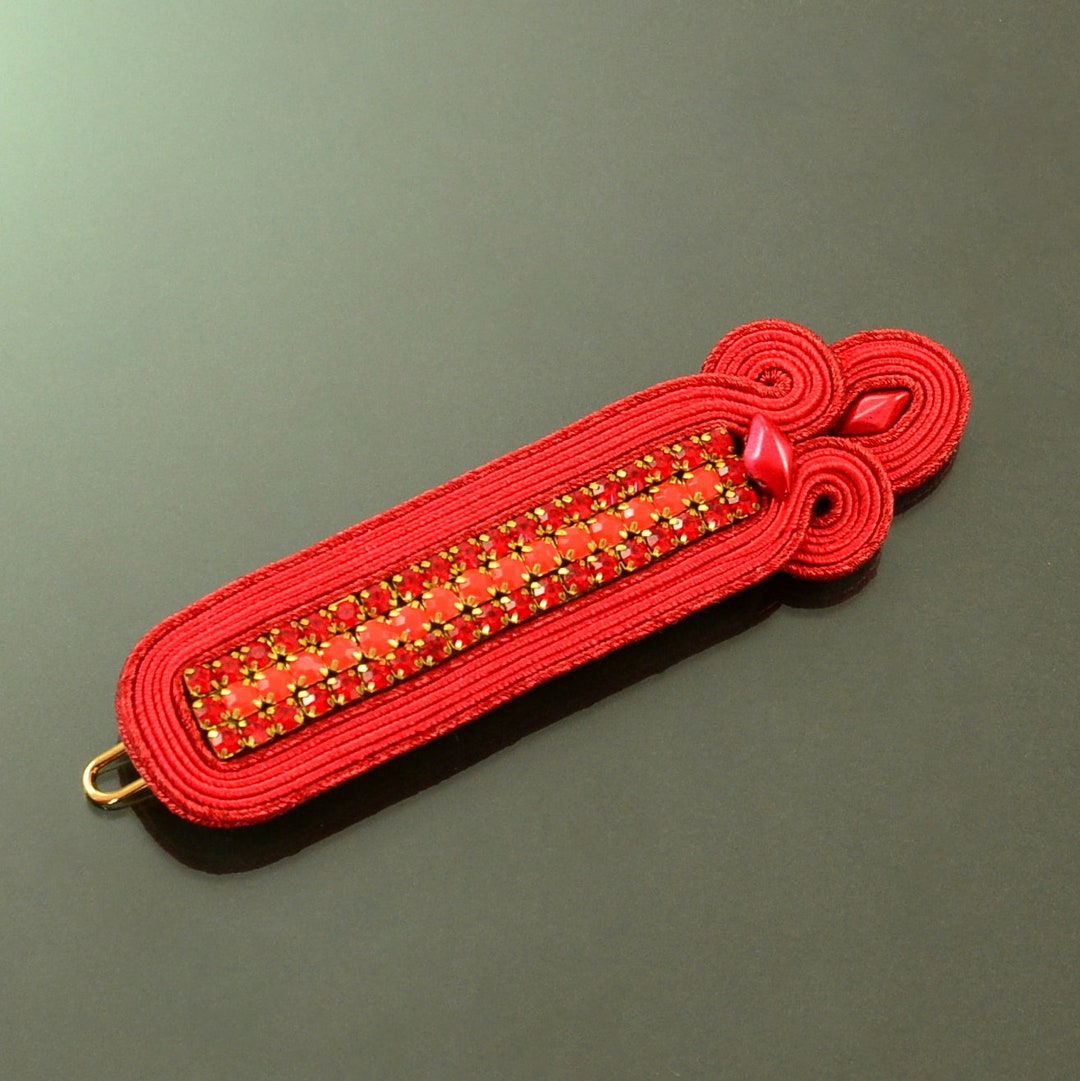 Deep Red Soutache Barrette, Red Fashion Barrette, Red Rhinestone Hair ...