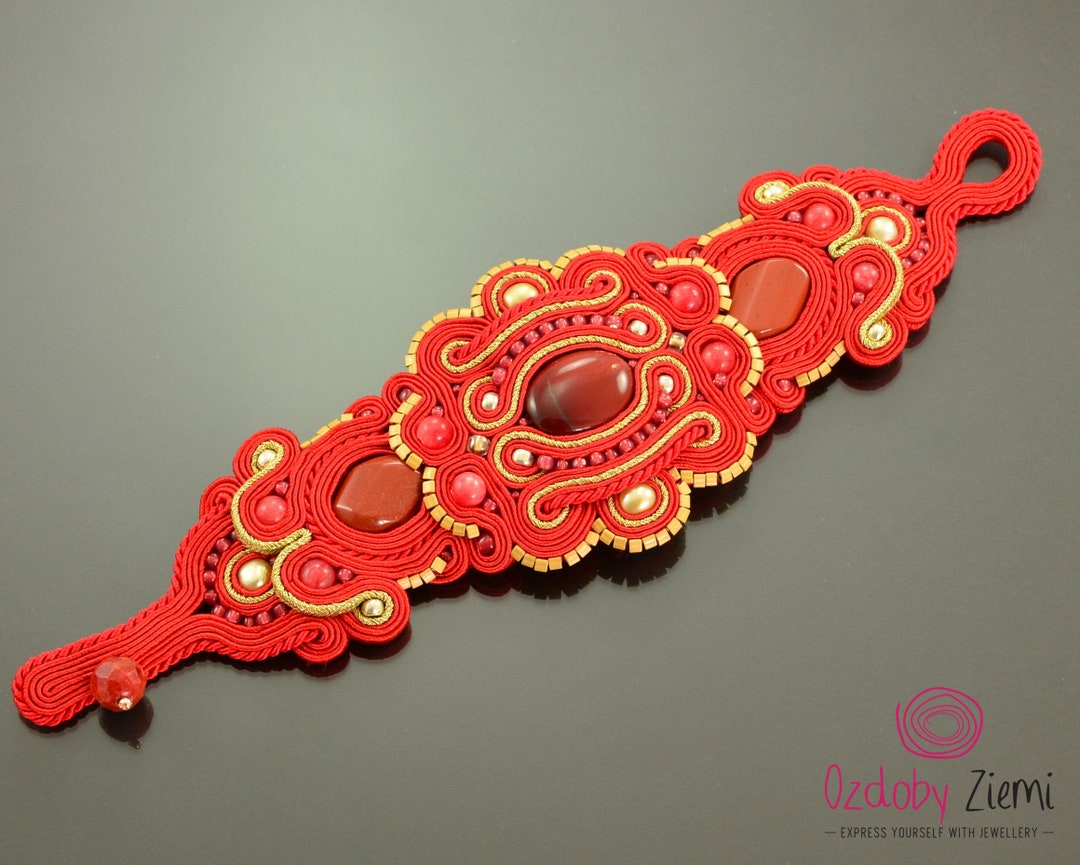 Red Cuff Bracelet, Big Red Dramatic Bracelet, Red and Gold Soutache ...