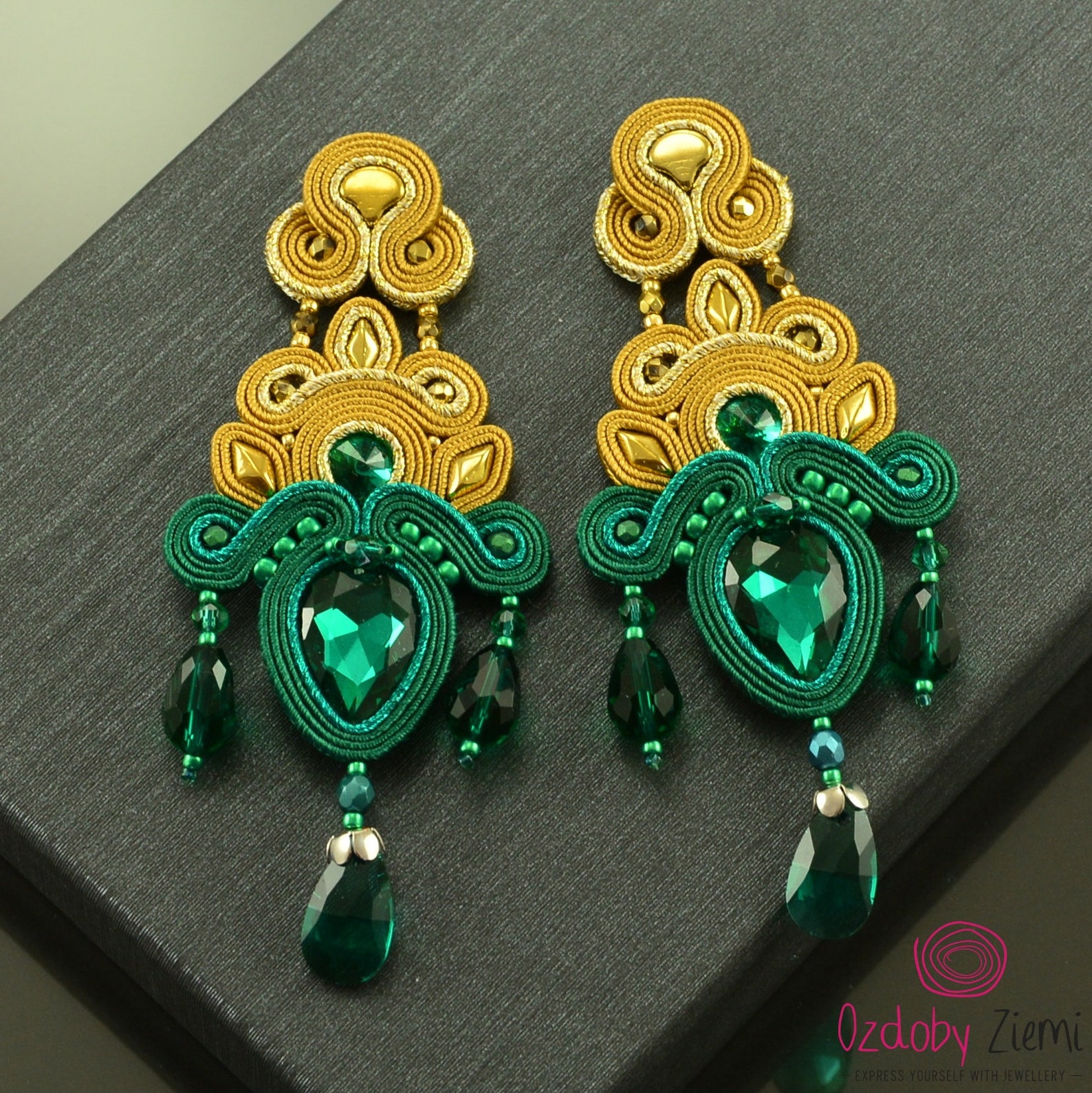 Gorgeous Emerald Green and Gold Chandelier Earrings, Long Green Gold ...