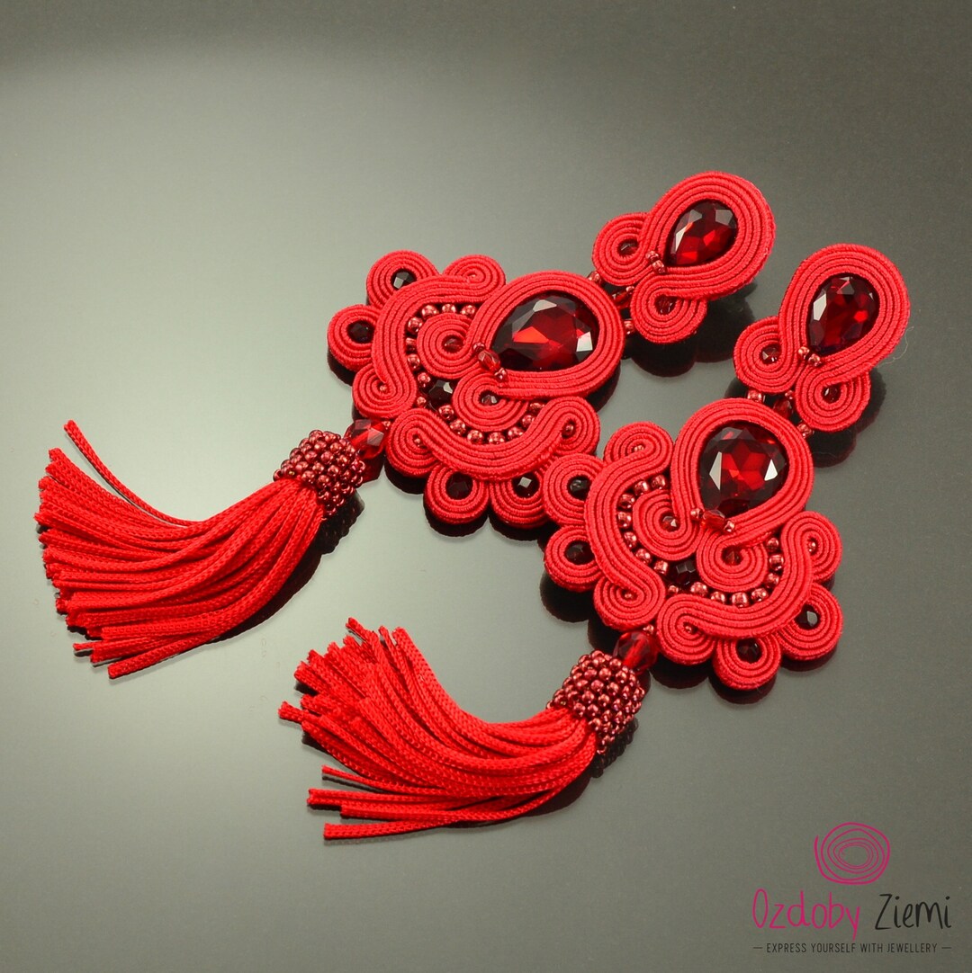 Red Chandelier Earrings With Red Tassel, Red Soutache Earrings, Large ...