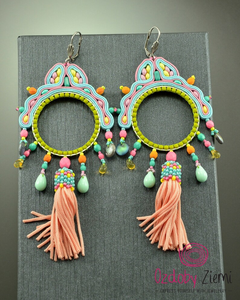 Big Colorful Hoop Earrings Mint Pink Earrings Long Pastel - Etsy