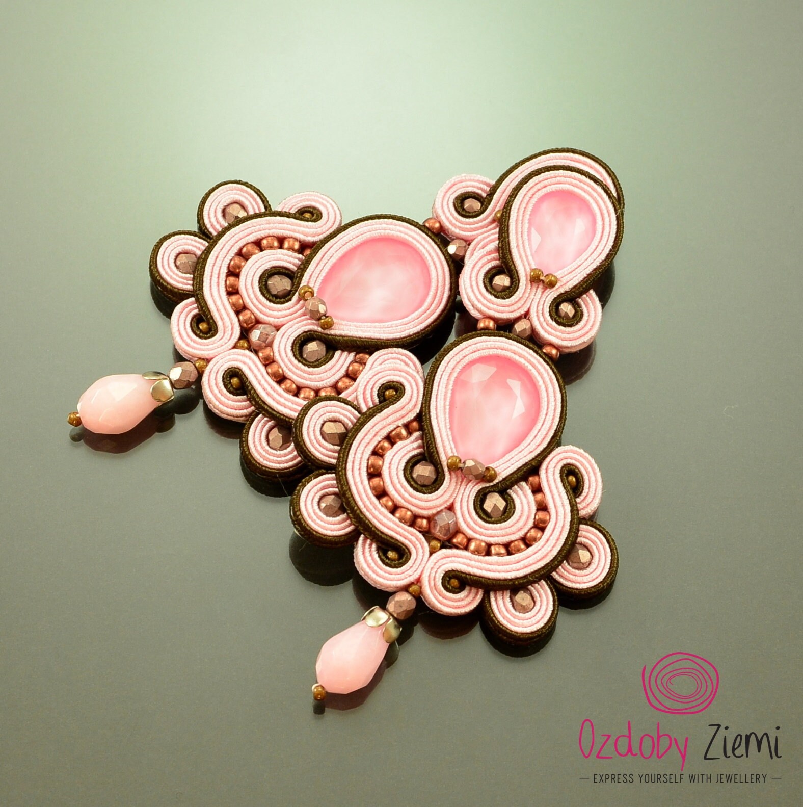 Long pink brown chandelier earrings big pink soutache | Etsy