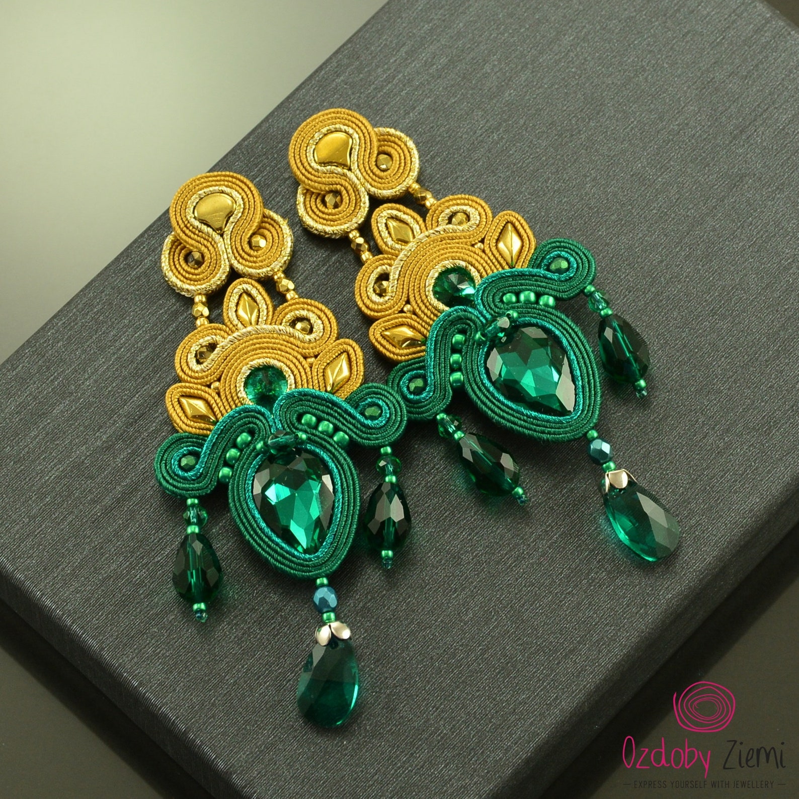 Gorgeous Emerald Green and Gold Chandelier Earrings, Long Green Gold ...