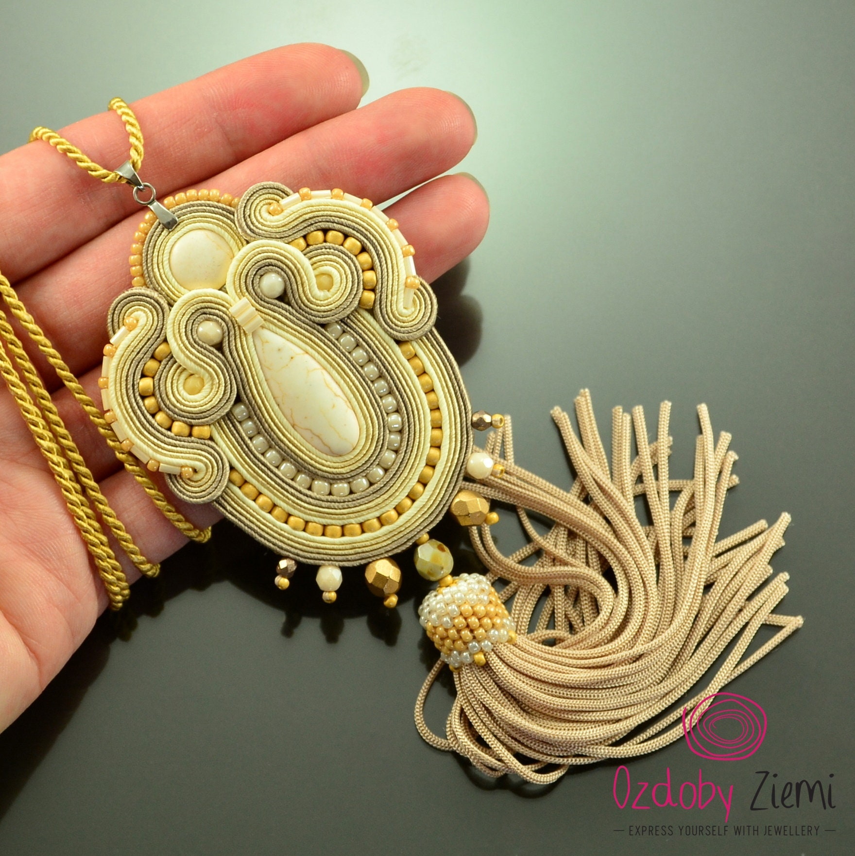 Beige Gold Tassel Necklace, Long Beige Fringe Necklace, Beige Soutache ...