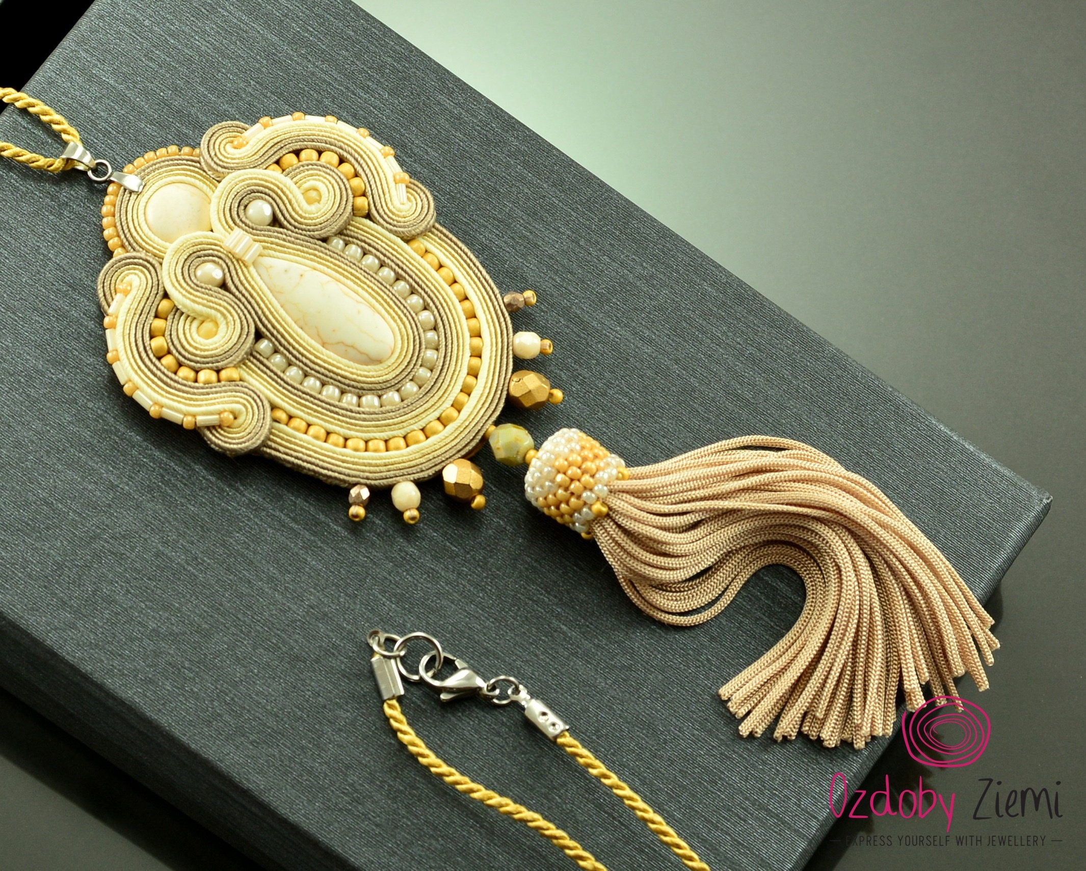 Beige Gold Tassel Necklace, Long Beige Fringe Necklace, Beige Soutache ...