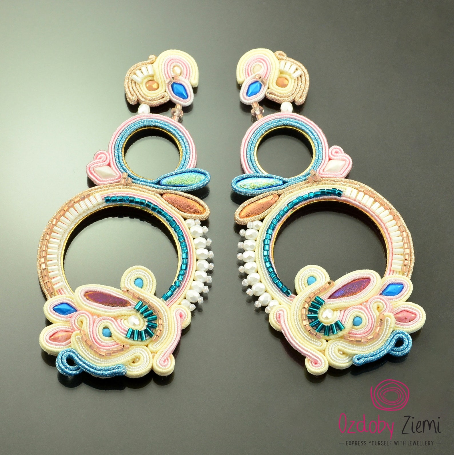 Long Big Statement Earrings, Creamy Blue and Pink Earrings, Large ...