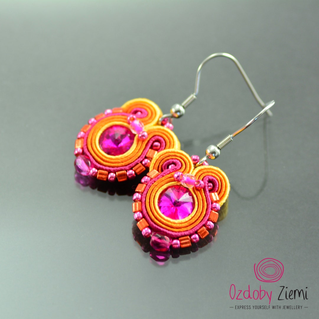 Small Pink Orange Soutache Earrings, Hot Pink Soutache Earrings, Orange ...