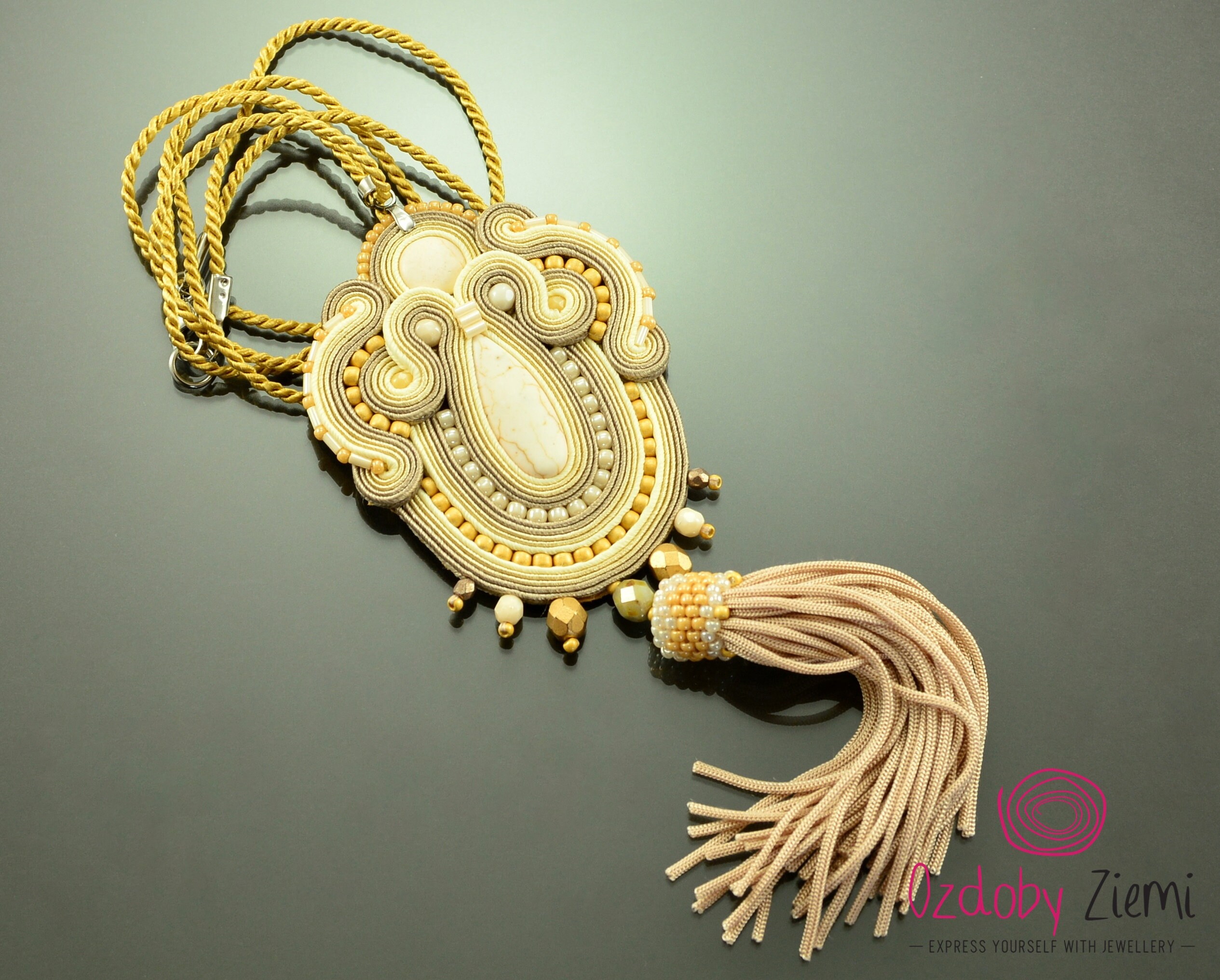 Beige Gold Tassel Necklace, Long Beige Fringe Necklace, Beige Soutache ...