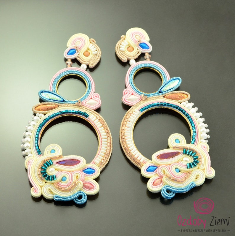 Long Big Statement Earrings, Creamy Blue and Pink Earrings, Large ...