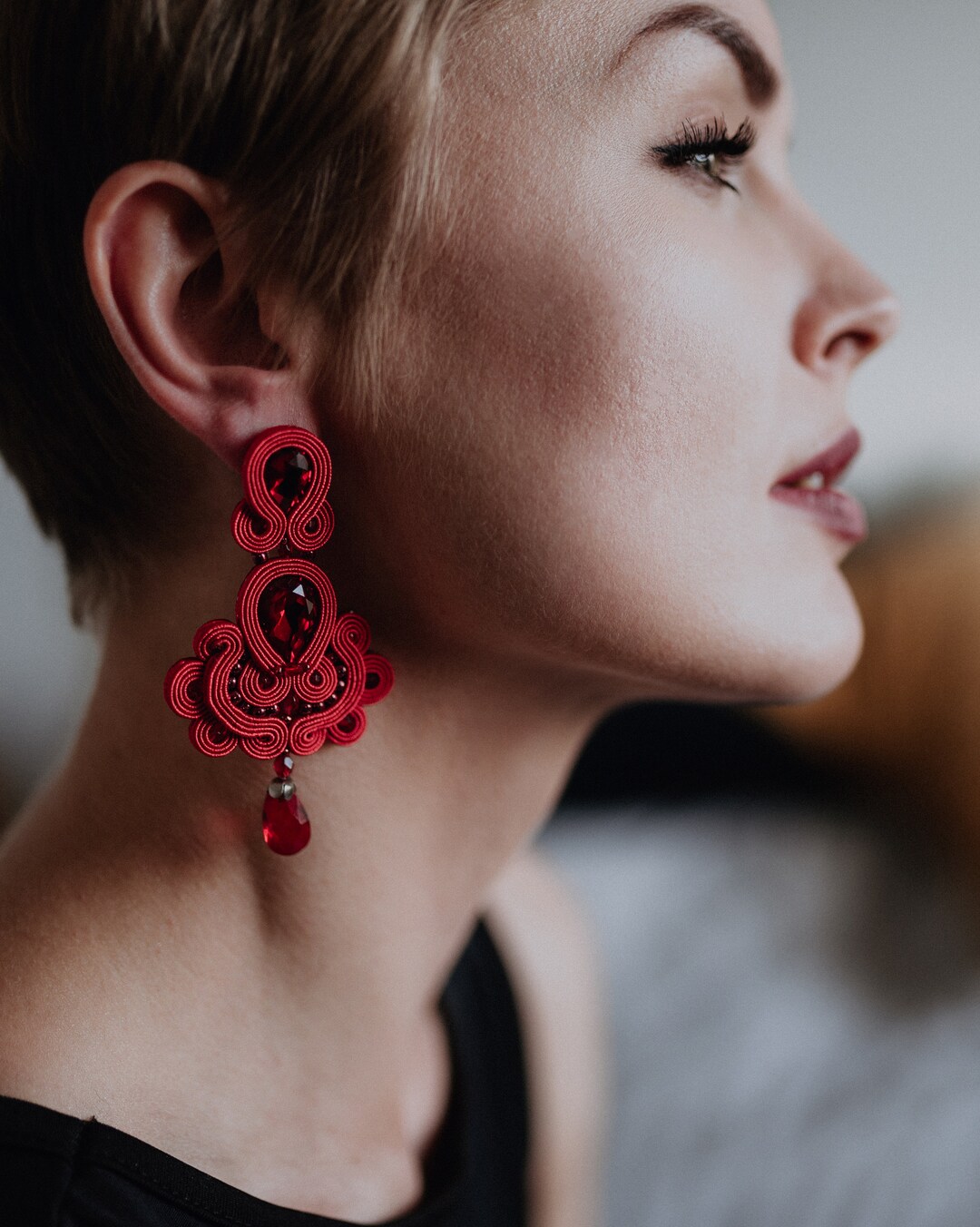 Red Chandelier Earrings Red Soutache Earrings Large Shiny Earrings Red ...