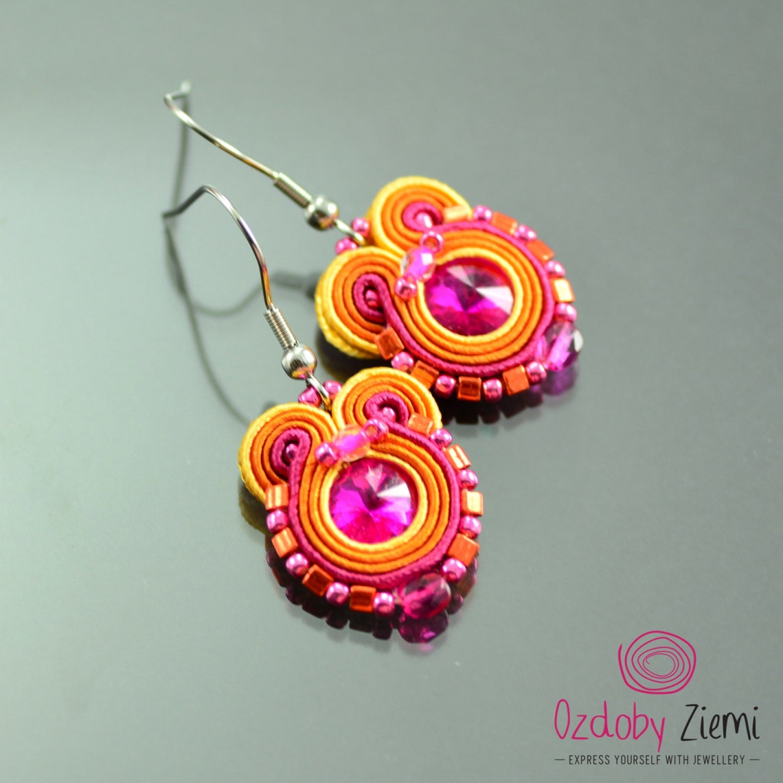 Small Pink Orange Soutache Earrings, Hot Pink Soutache Earrings, Orange ...