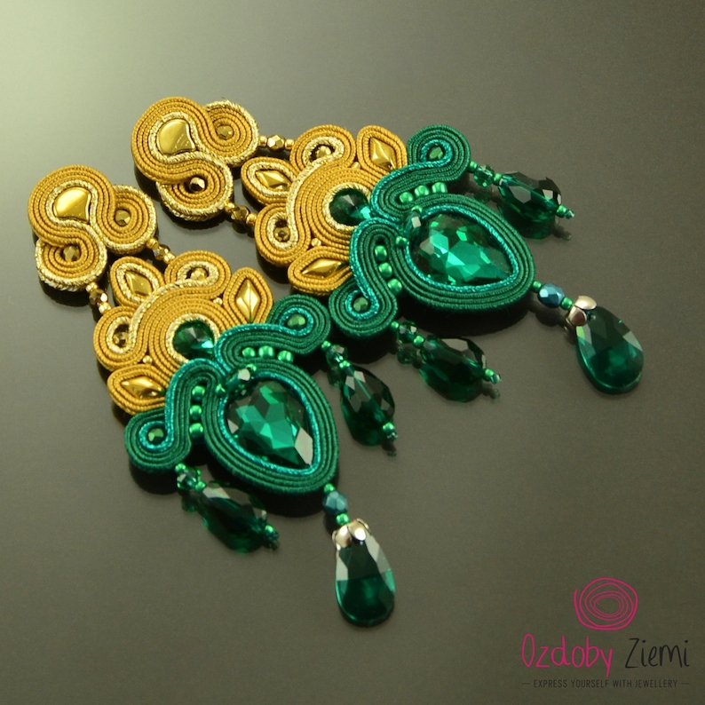 Gorgeous Emerald Green and Gold Chandelier Earrings, Long Green Gold ...