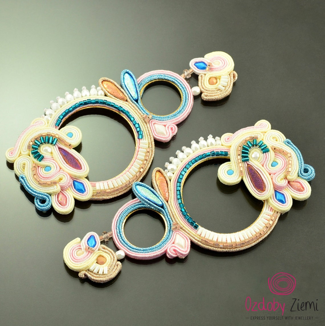 Long Big Statement Earrings, Creamy Blue and Pink Earrings, Large ...