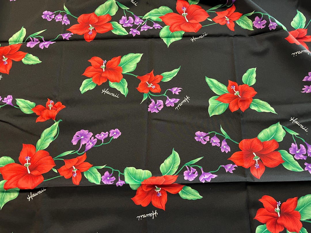 1980's Trans-pacific Textiles Hawaii Hibiscus Floral Fabric Black ...
