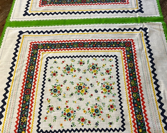 1960's 1970's Red Blue Green Rick Rack Floral Cotton Blend Pillow Quilt ...