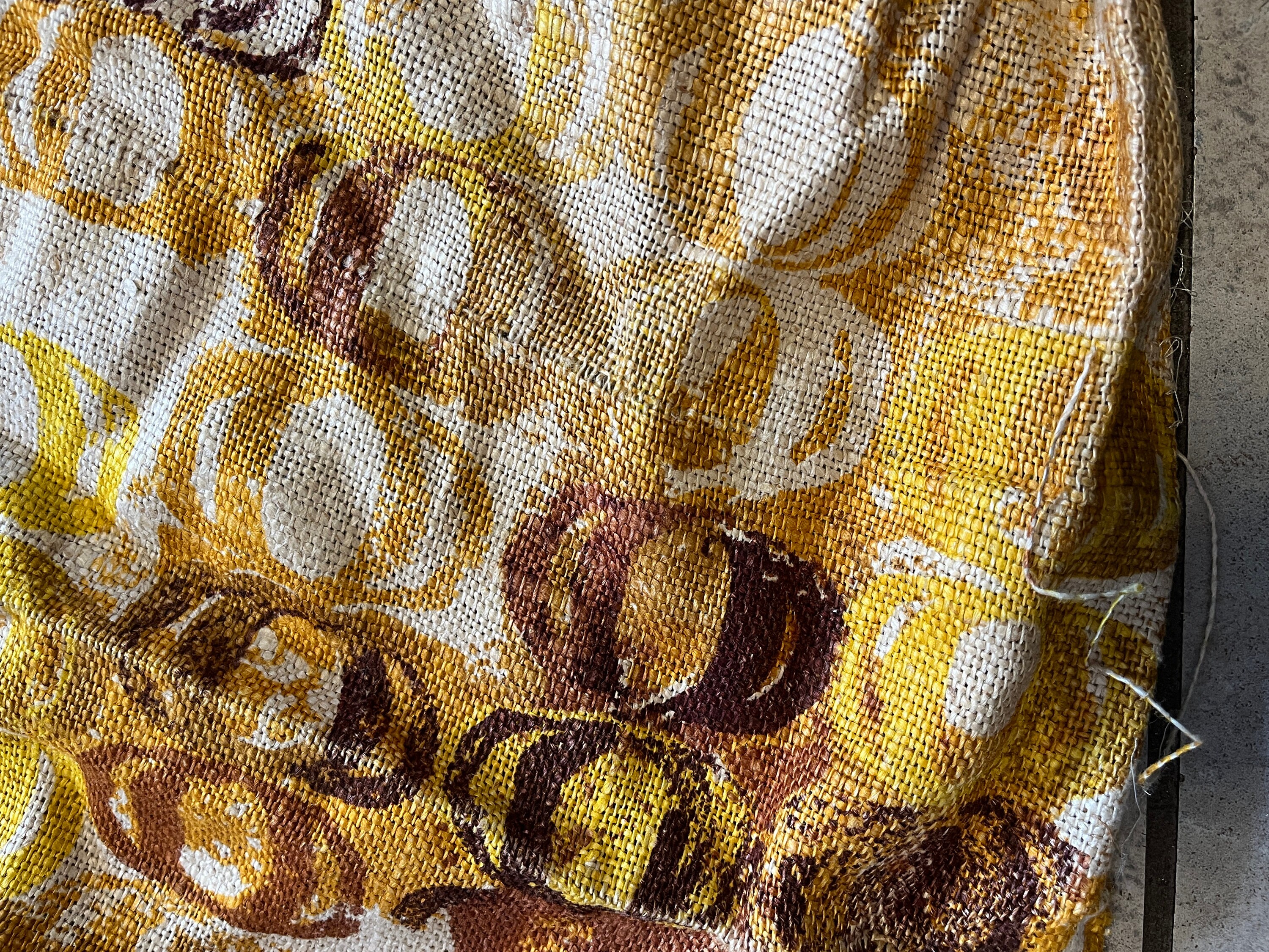 1950's Gold Yellow Brown Geometric Linen Fabric Deconstructed Drapery 2 ...
