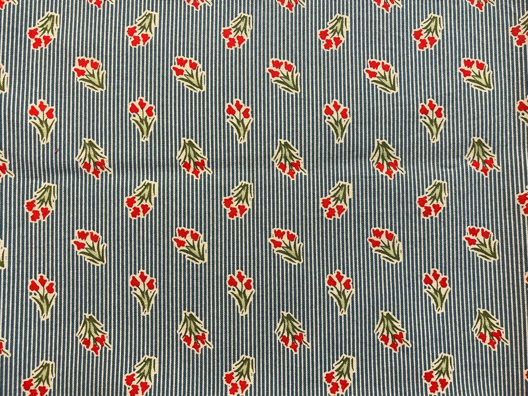 RJR Fashion Fabrics Red Floral Blue White Stripe Cotton Fabric FQ 18"x 22"/more Rural Estate ...