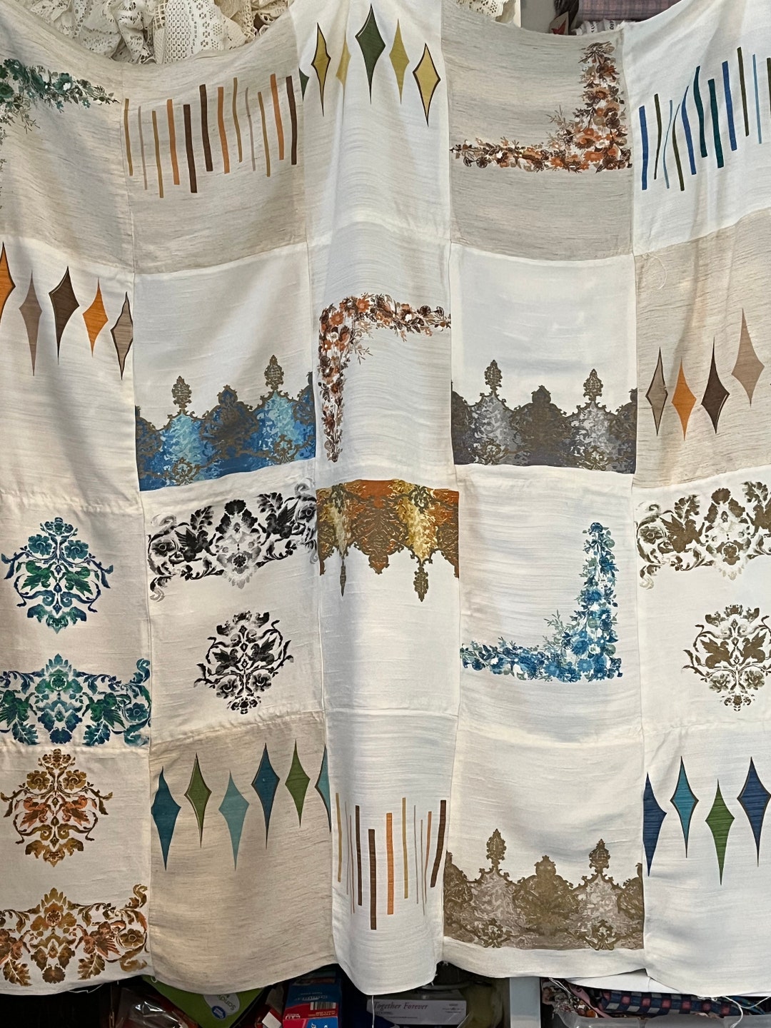 Mid Century Rayon Cotton Drapery Fabric Patchwork Collage Quilt Top ...