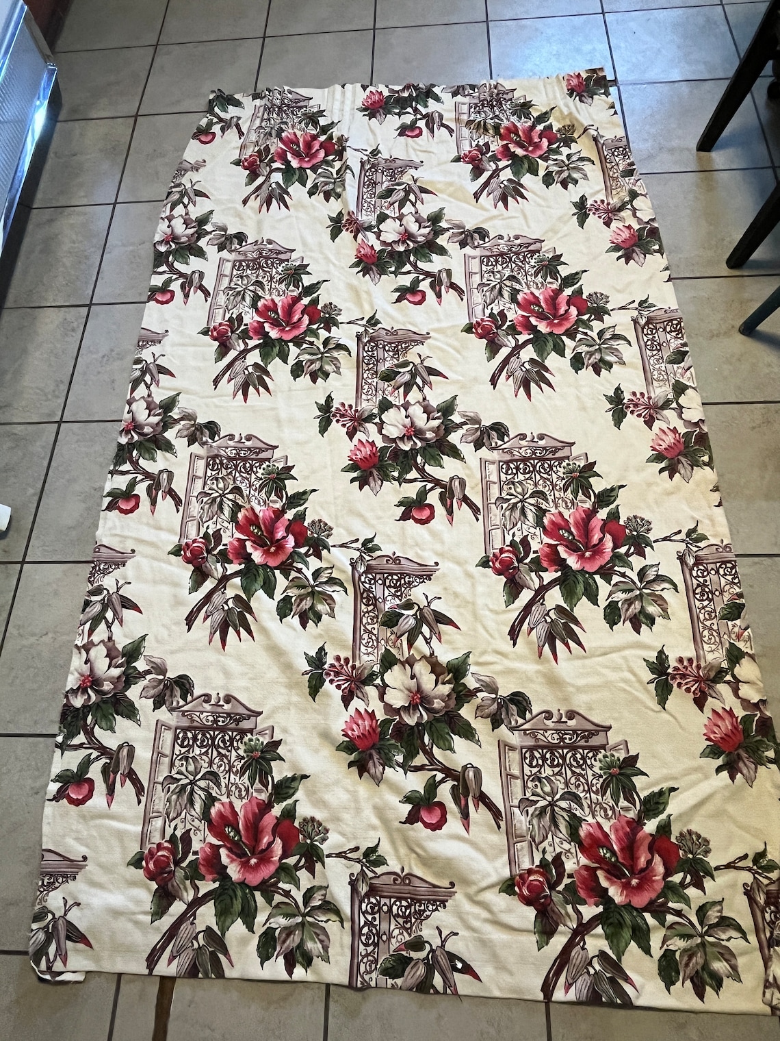 1950's Pink Red Hibiscus Floral Barkcloth Fabric 