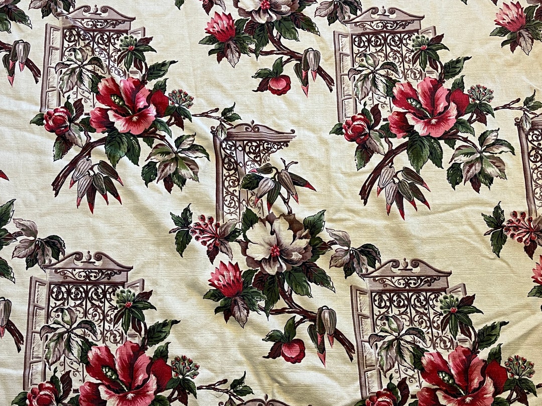 1950's Pink Red Hibiscus Floral Barkcloth Fabric "orlando ...