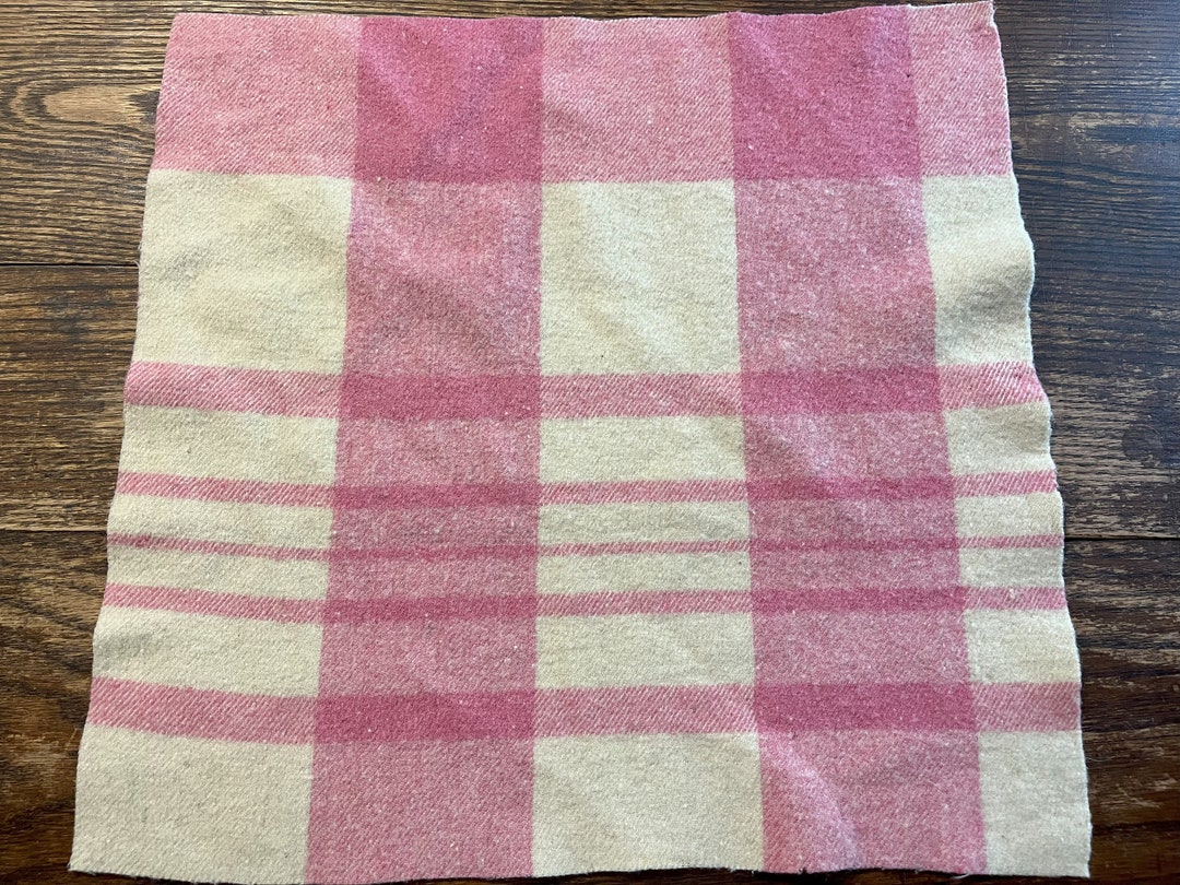 Rural Estate Stash Vintage Pink Cream Plaid Check Wool Blanket Scrap ...