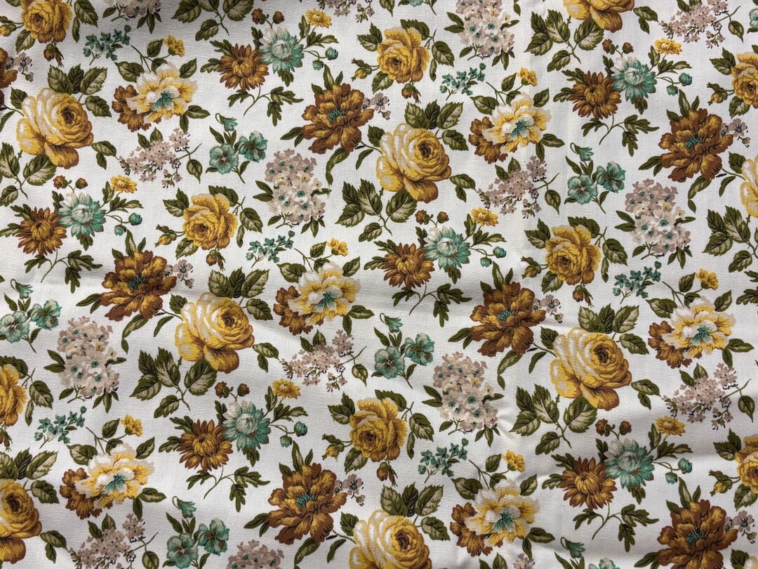 1950's 60's Waverly Quaker Lady Brown Gold Aqua Floral Cotton Decor ...