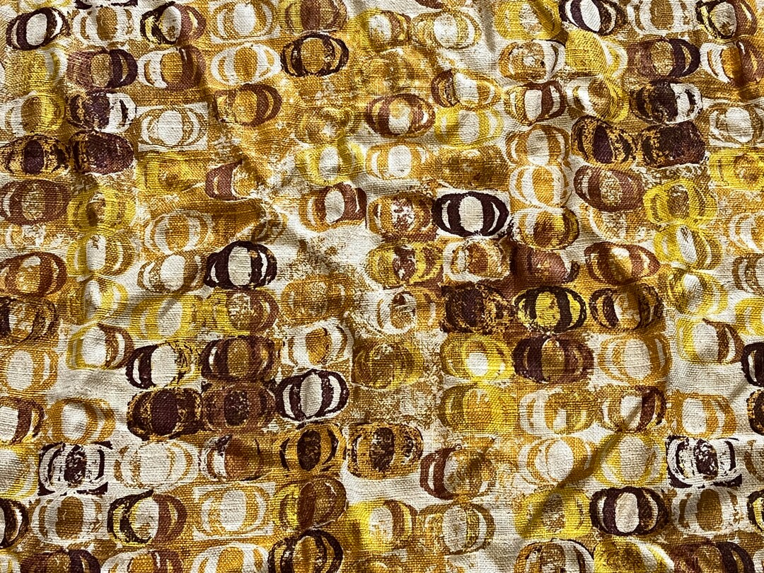 1950's Gold Yellow Brown Geometric Linen Fabric Deconstructed Drapery 2 ...