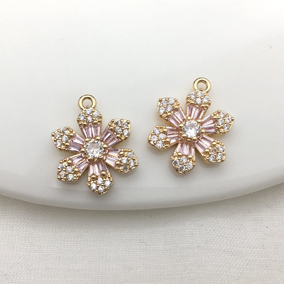 10 Pieces Gold Plated Charm,cz Pave Pink Flower Charm Pendant,earring ...