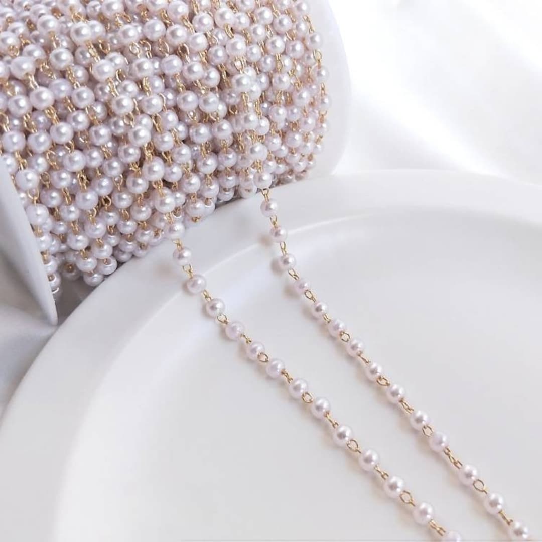 1 Meter 14K Gold Pearl Chain Charms, Gold Chain, Brss Chain With Pearl ...
