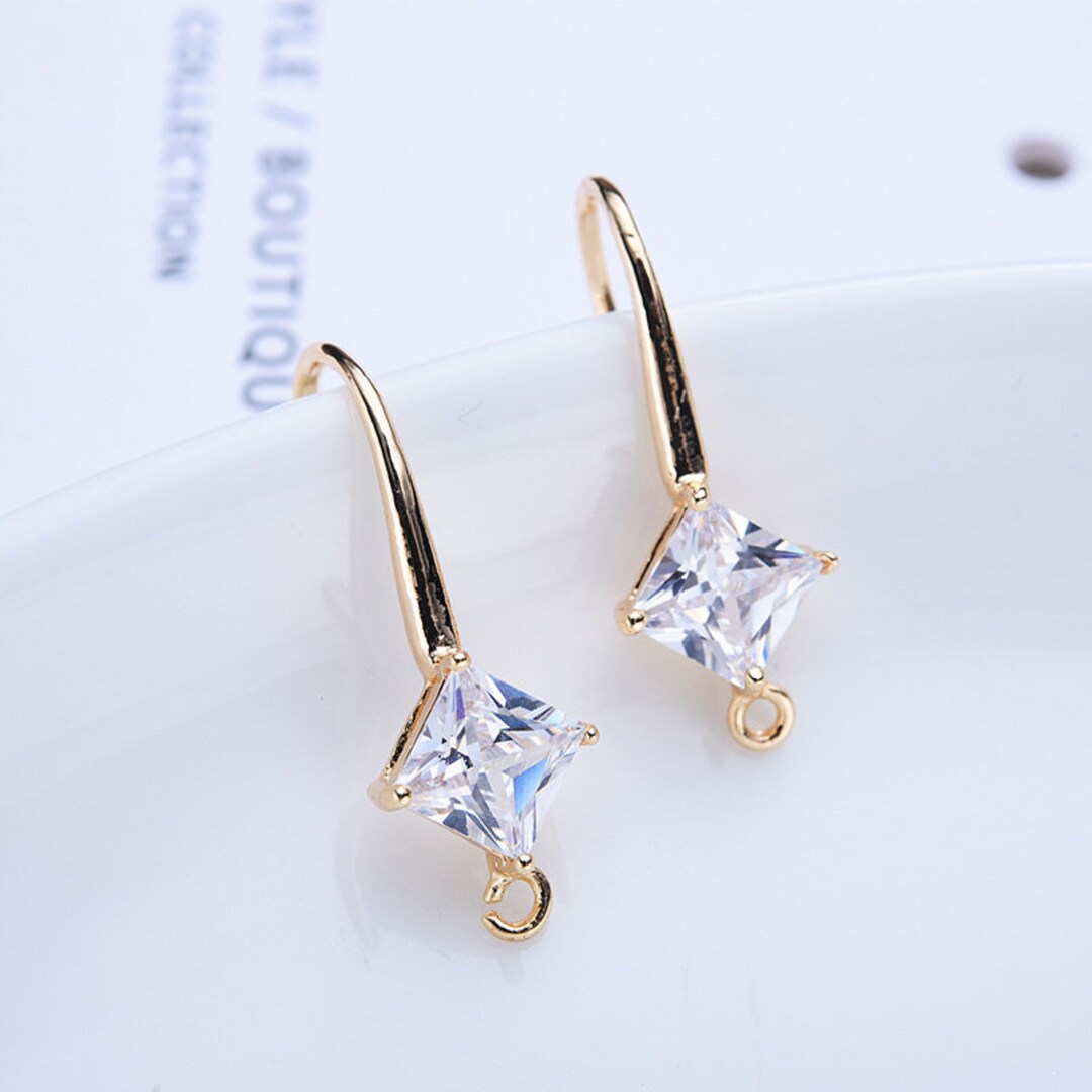10 Pieces Gold Plated on Brass Square Ear Hook,single Cubic Stone Ear ...