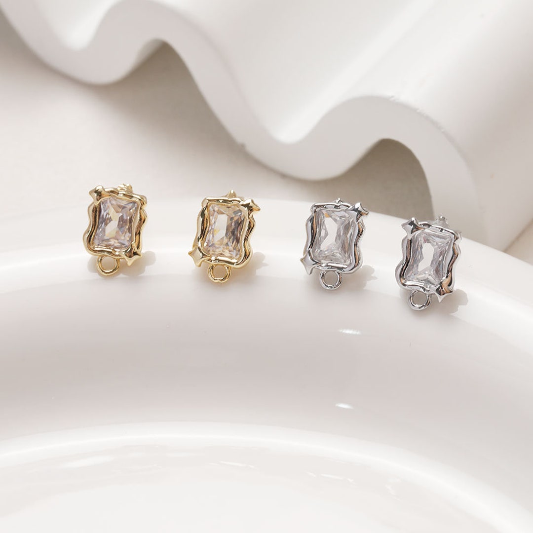 6 Pieces 14K Gold Rectangle Ear Stud, Cubic Stone Ear Post Earring With ...