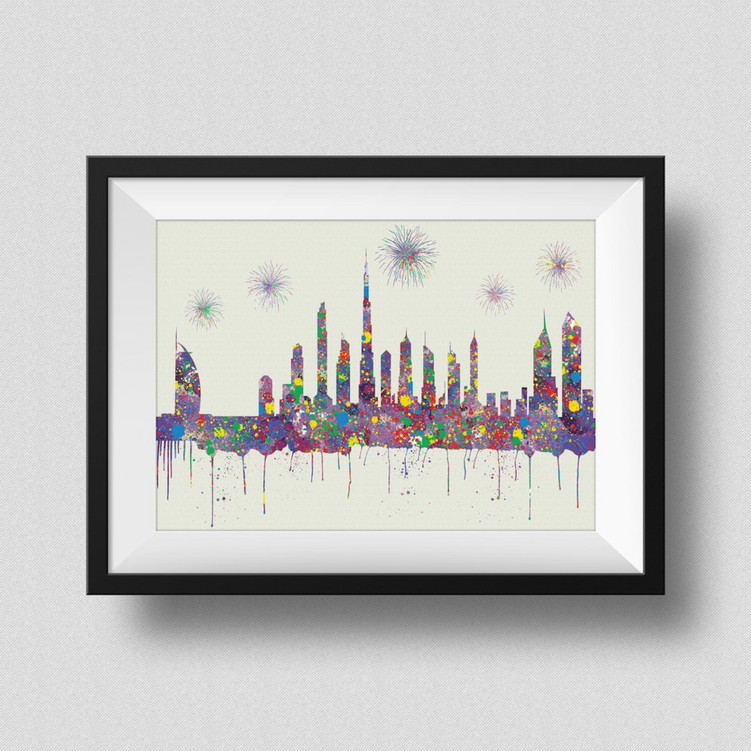 Dubai Skyline Watercolor Map Art Print Dubai of United Arab Emirates ...