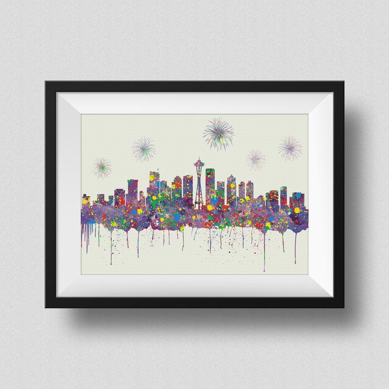 Seattle Skyline Watercolor Map Art Print Seattle Washington Skyline Ink ...