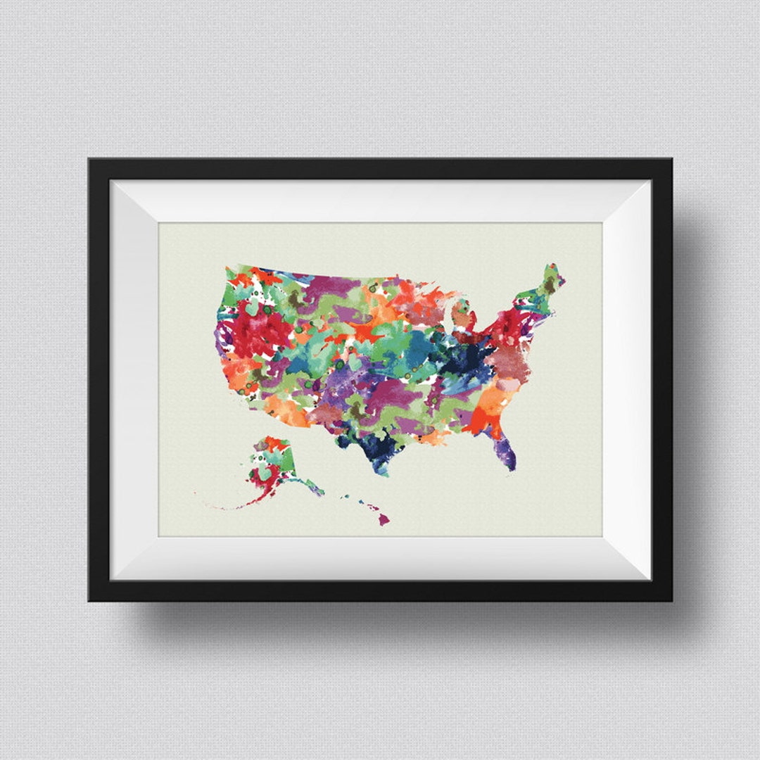 USA Watercolor Map Art Print United States of America Ink Splash Poster ...