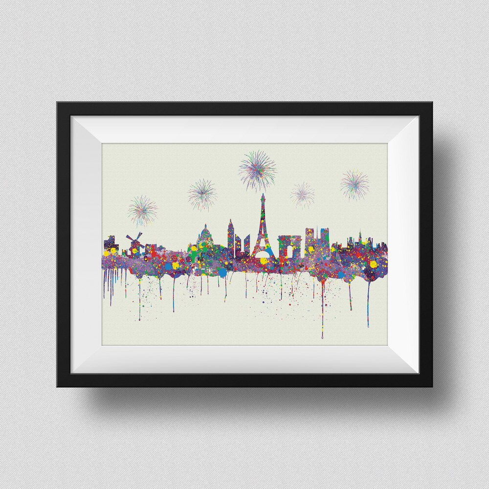 Paris Skyline Watercolor Map Art Print Paris Skyline France Ink Splash ...