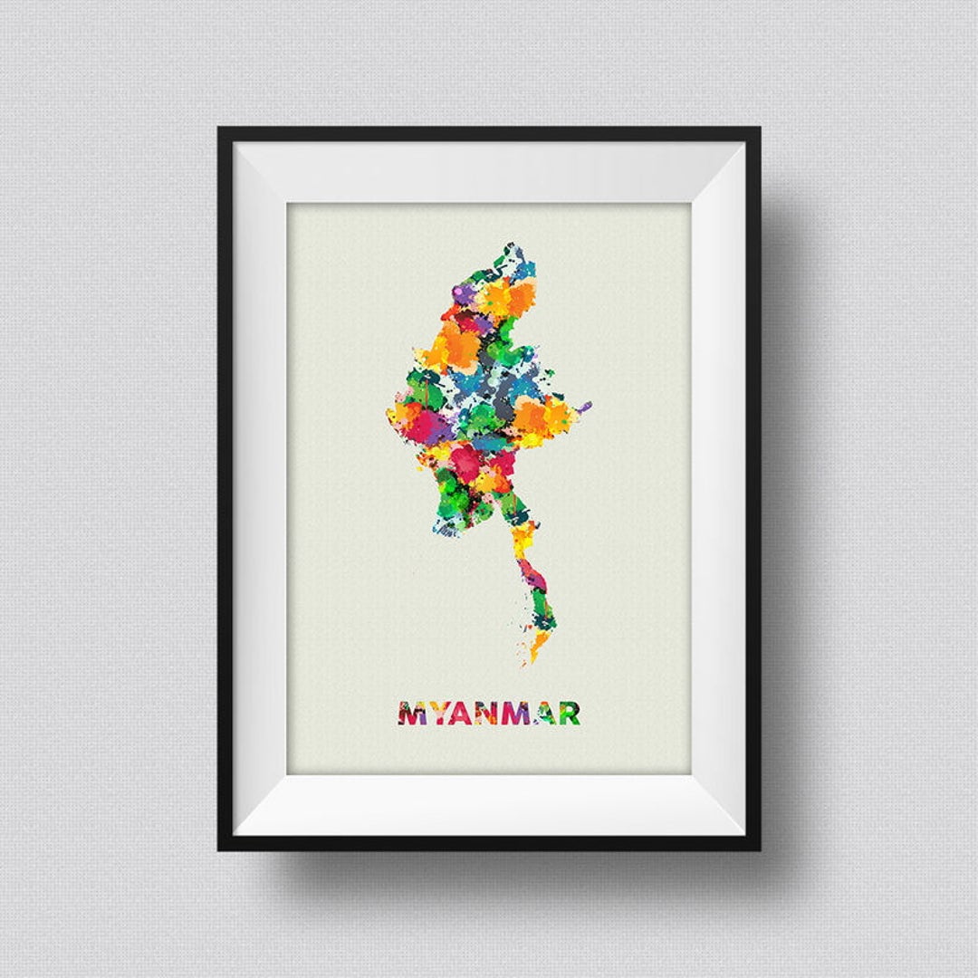 Myanmar Map Watercolor Art Print, Myanmar Watercolor Map, Myanmar Map ...